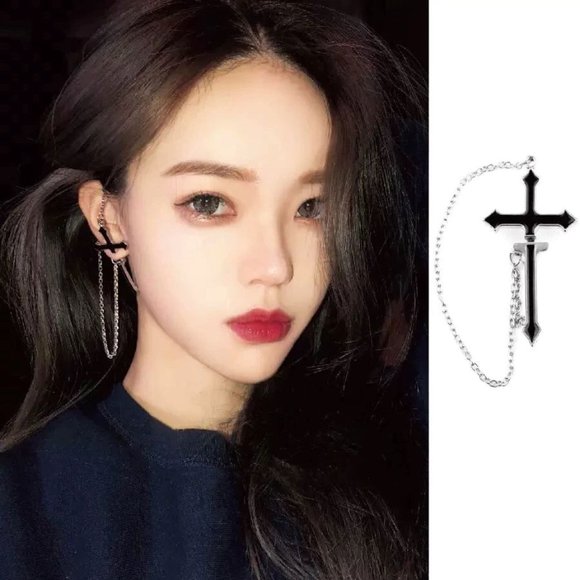 Jewelry | New Black Gothic Cross Earring With Chain Illusion Tunnel ...
